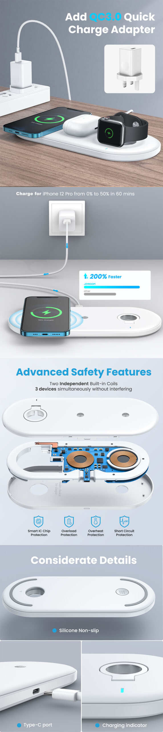Joyroom 3 In 1 Magnetic Charging Station 20w Wireless Charger White